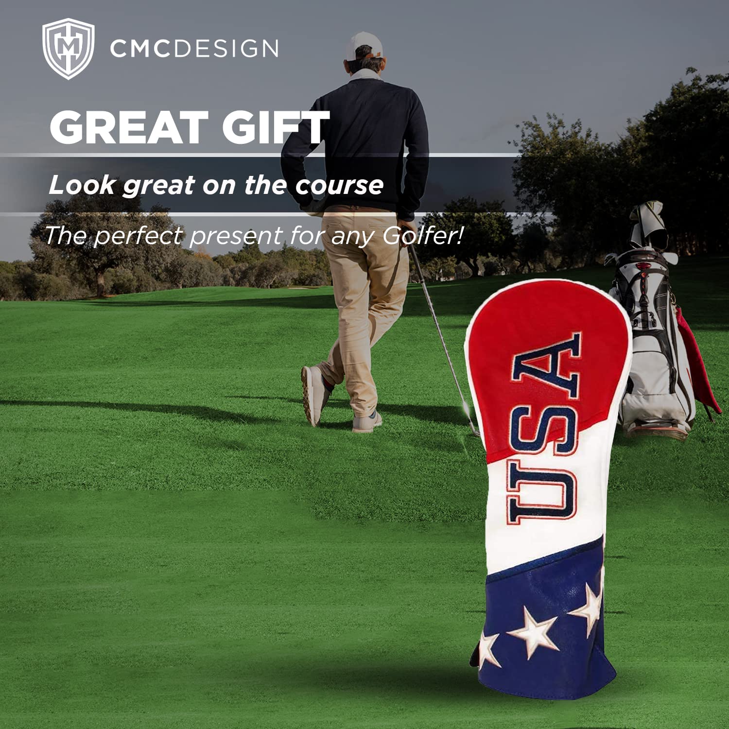 CMC Design Custom USA “Stars” Embroidered Golf Blade Head Cover - Glove Soft Lining - Design Elements Include Applique and Embossing - Great Fit for Any Club as Golf Head Covers, Driver Cover
