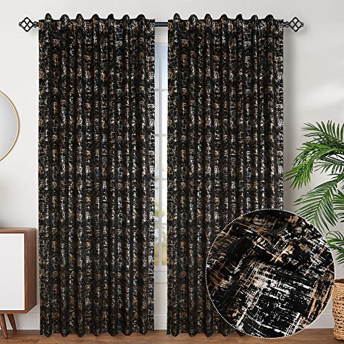 Lecloud Snow 100% Blackout Velvet Curtains 84 Inches Length 2 Panels,Gold Foil Printed Thermal Insulated Energy Saving Drapes for Living Room, Noise Reducing Black Curtain for Bedroom, 52" Wx84 L