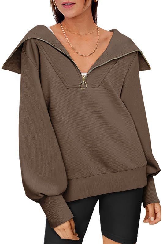 EFAN Oversized Half Zip Sweatshirts for Women Casual Comfy Pullover Fall Solid Loose Hoodie Sweatshirt Y2K Clothes Coffee