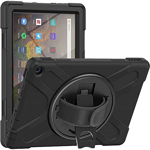 SaharaCase Protection Hand Strap Series Case for Amazon Fire HD 10 (2021) and Amazon Fire HD 10 Plus (2021) [Shockproof Bumper] Kickstand Rugged Protection Anti-Slip Grip - Black