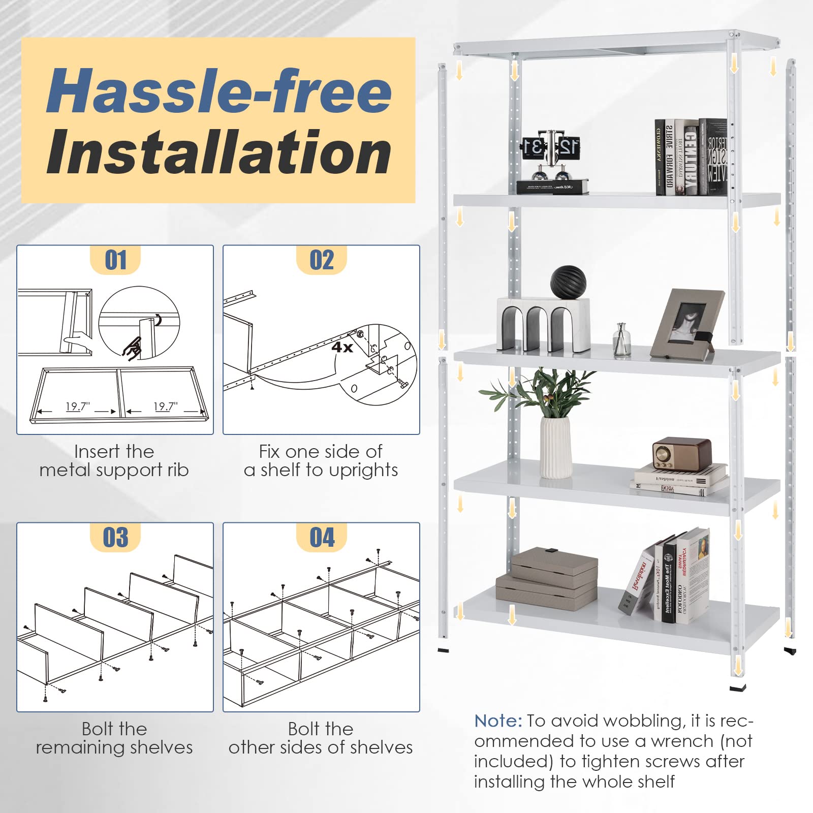 GOFLAME 5-Tier Metal Storage Shelves, Adjustable Garage Storage Shelving Unit, Heavy Duty Galvanized Utility Shelf Rack for Home, Warehouse, Garage, Workshop, 39" x 16" x 74", White, 1 Pack