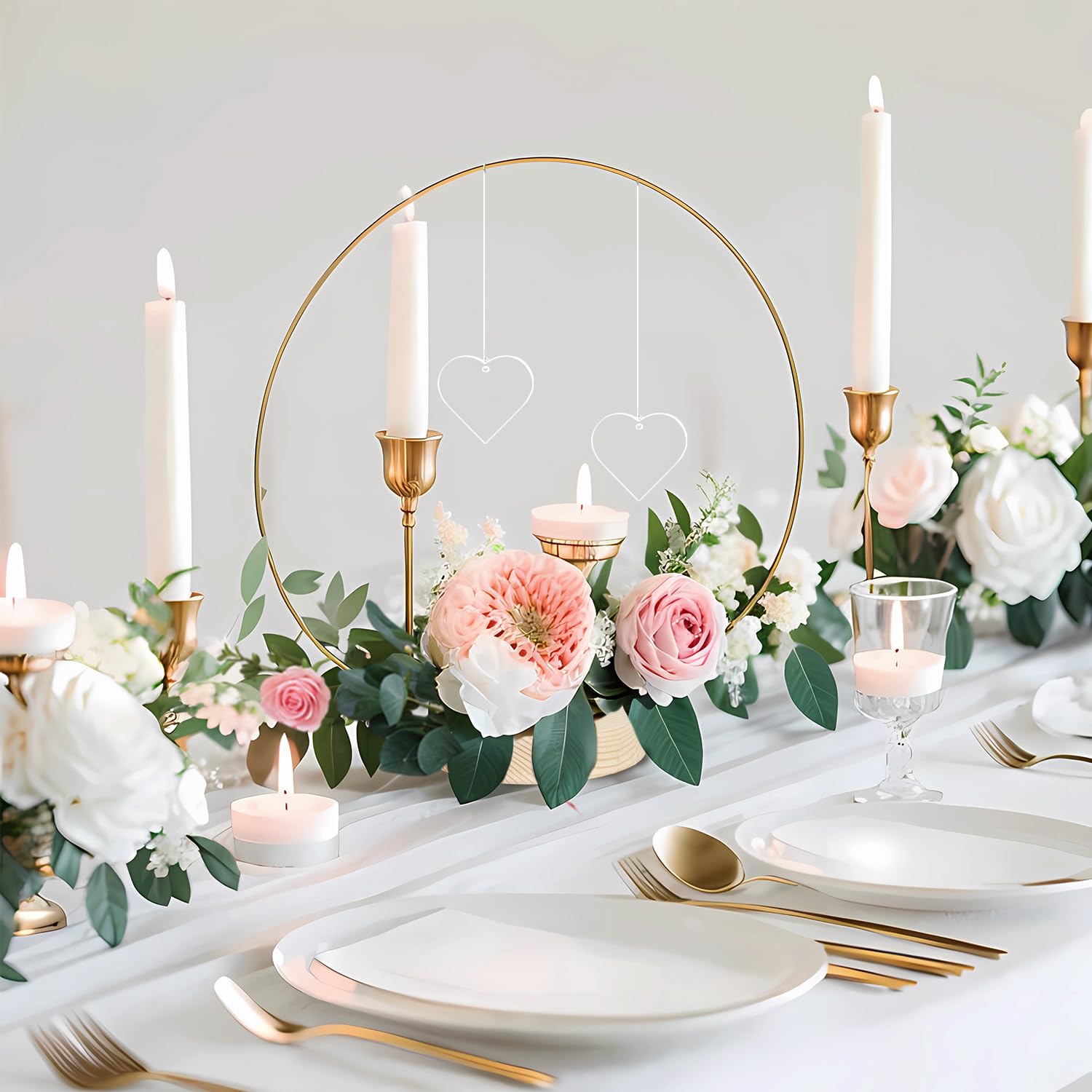 GUDELAK 12 Set 12 Inch Floral Hoop Centerpiece Table Decorations with 2 Heart Shaped Acrylic, Gold Wedding Centerpieces with Wood Round Base for DIY Wedding Decor Wall Hanging Crafts