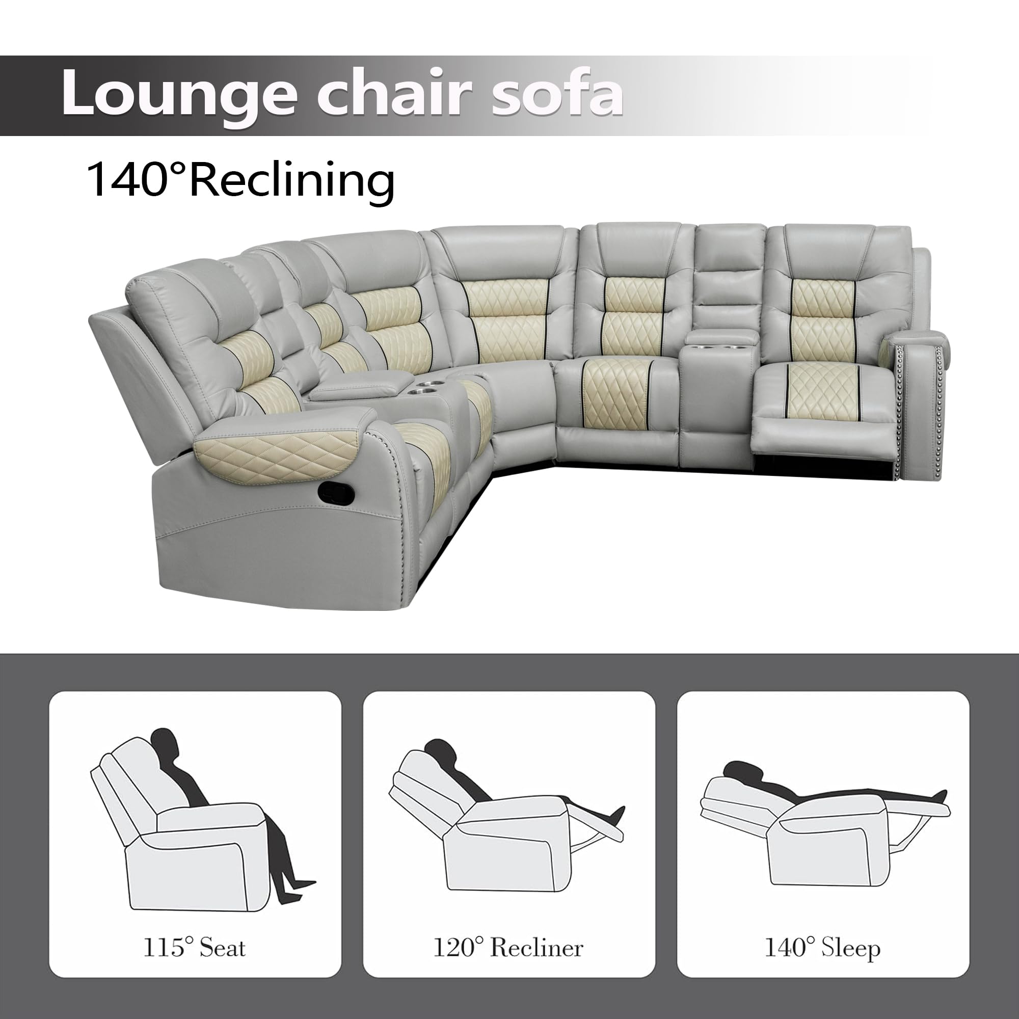 Hybition Manual Recliner Sectional Sofa Set with Cup Holders & Storage Box PU Leather L-Shaped Couch for Living Room Brown