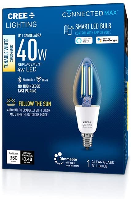 Cree Lighting Connected Max Smart Led Vintage Glass Filament Bulb B11 Candelabra 40W Tunable White, 2.4 Ghz, Compatible with Alexa and Google Home, No Hub Required, Bluetooth + WiFi, 6Pk, Clear
