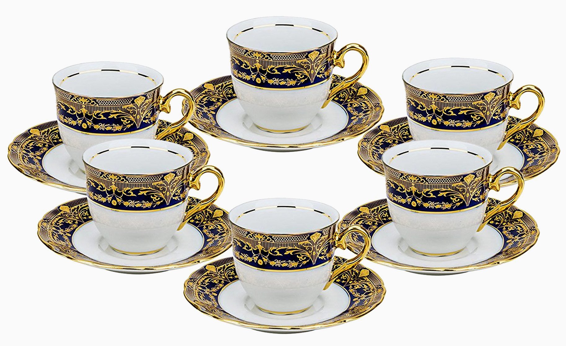Euro Porcelain 12-pc. Tea Cup Coffee Set, Vintage Cobalt Blue Ornament, 24K Gold-plated Accents, Premium Bone China 6 Cups (8 oz) and Saucers, Original Czech Tableware
