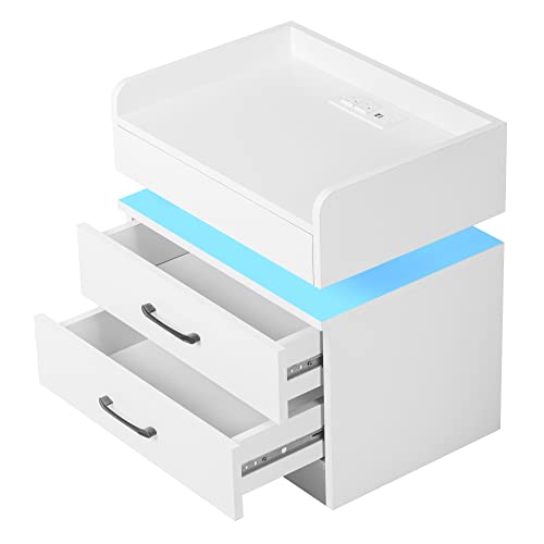 LED Nightstand with Charging Station, White Night Stands with USB Charging Ports and LED Lights, Modern Wooden Bedside Table with 2 Drawers, Small End Side Table with Drawers for Bedroom, Living Room