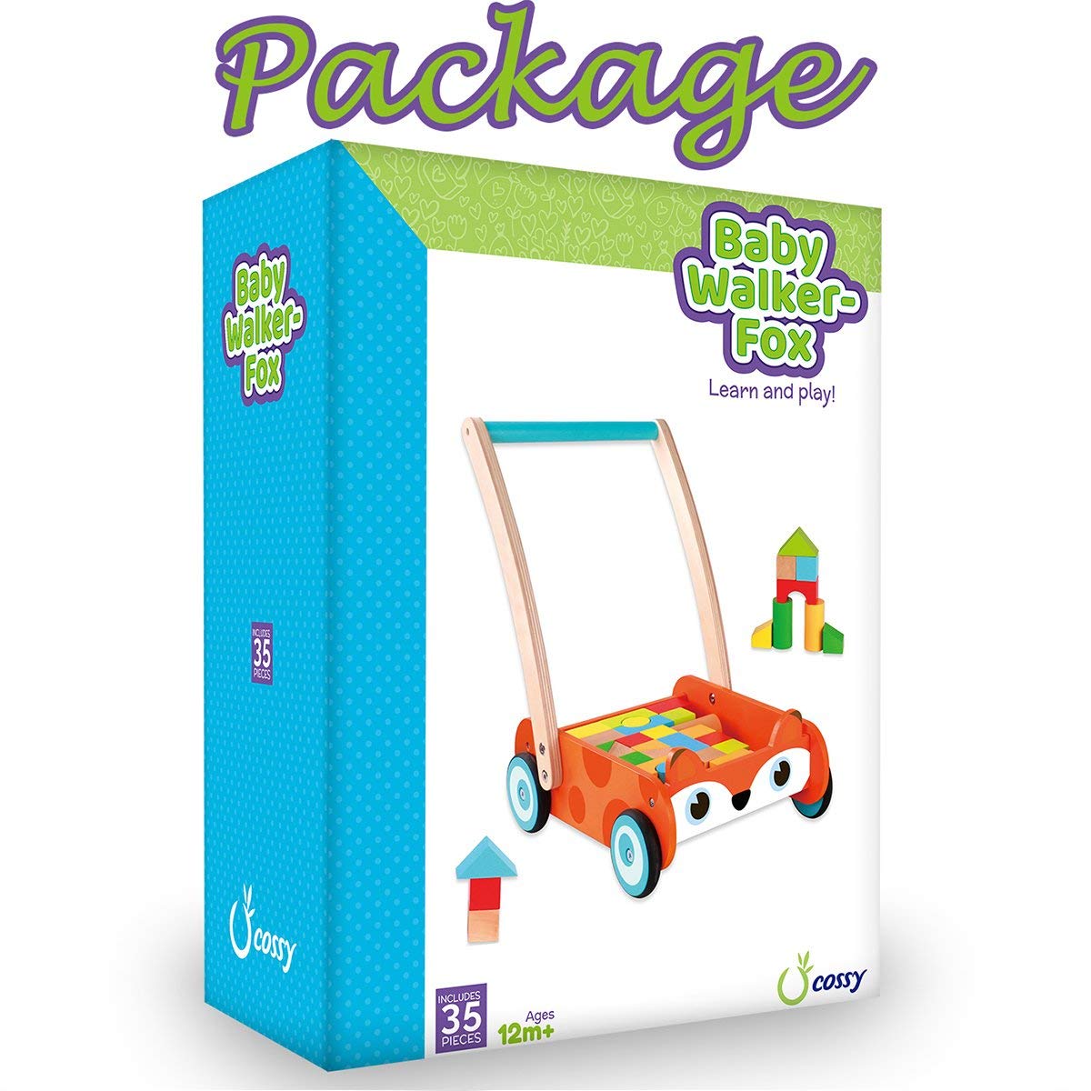 cossy Wooden Baby Learning Walker Toddler Toys for 1 Year Old and up, Fox Blocks and Roll Cart Push Toy (35 pcs) UPDATED VERSION