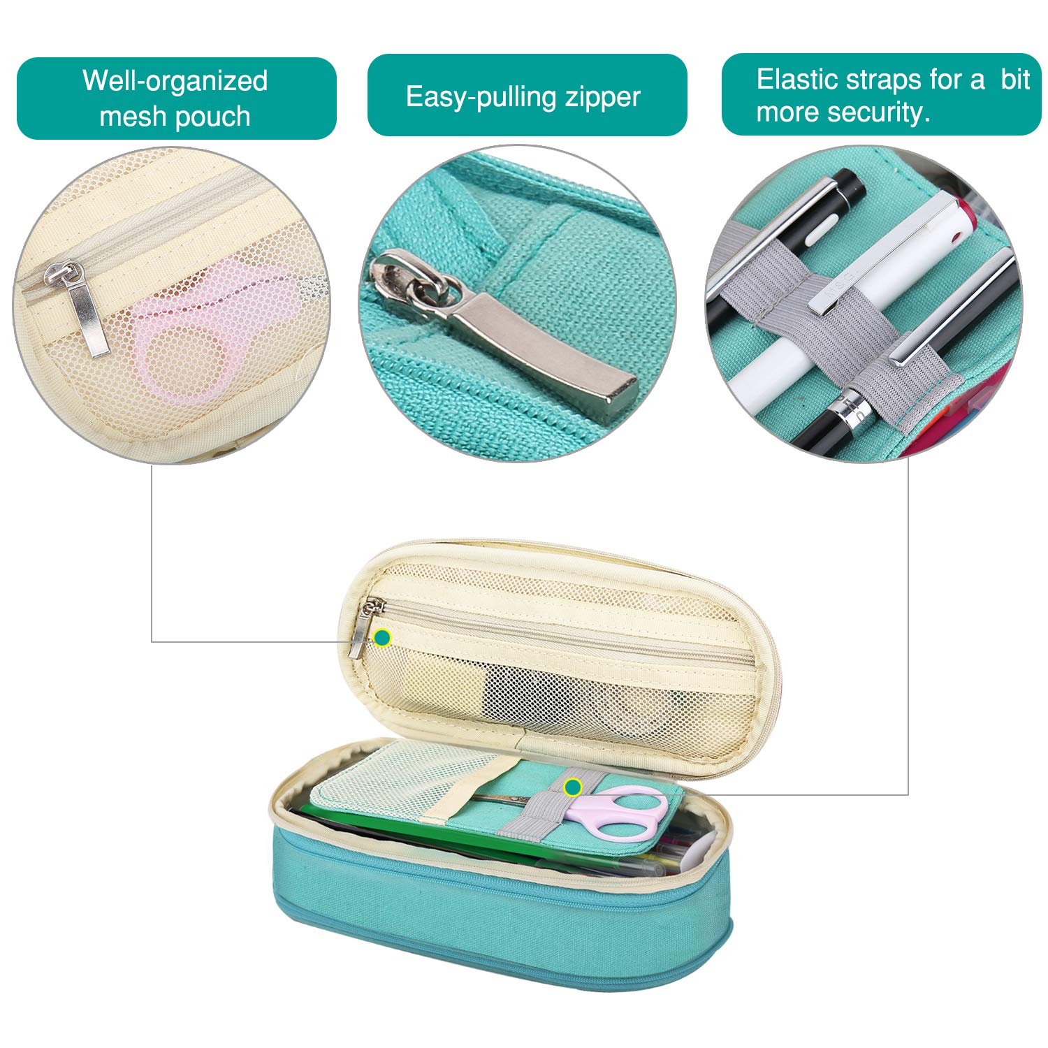 MoKo Big Capacity Pencil Pen Case, Large Capacity Storage Bag Pouch Box Makeup Pen Bag Cosmetic Bag Stationery Organizer Storage with Zippers for Office/School Supplies - Beige & Blue