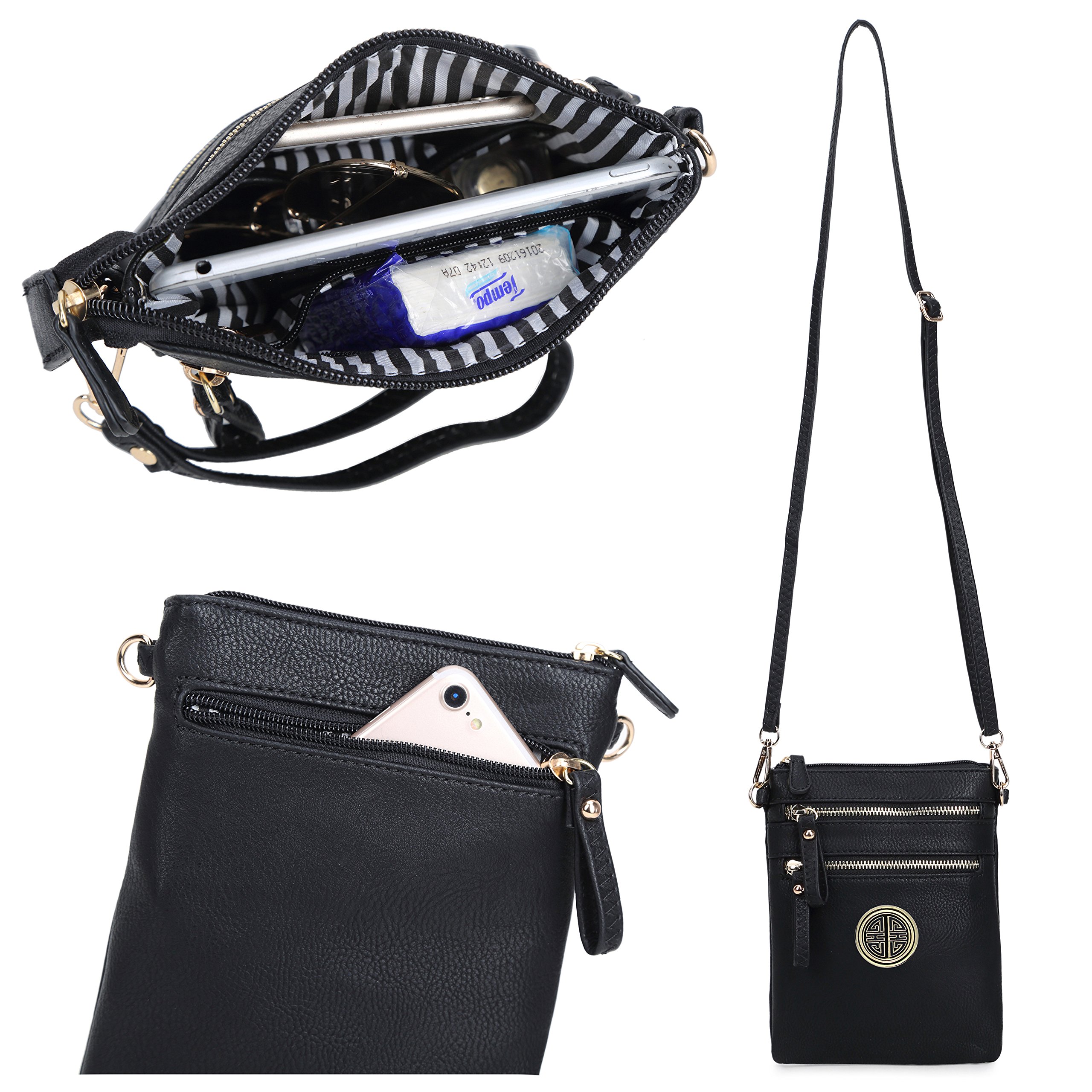 Solene Women's Faux Leather Organizer Multi Zipper Pockets With Detachable Wristlet Crossbody Bag -WU002L (Black)