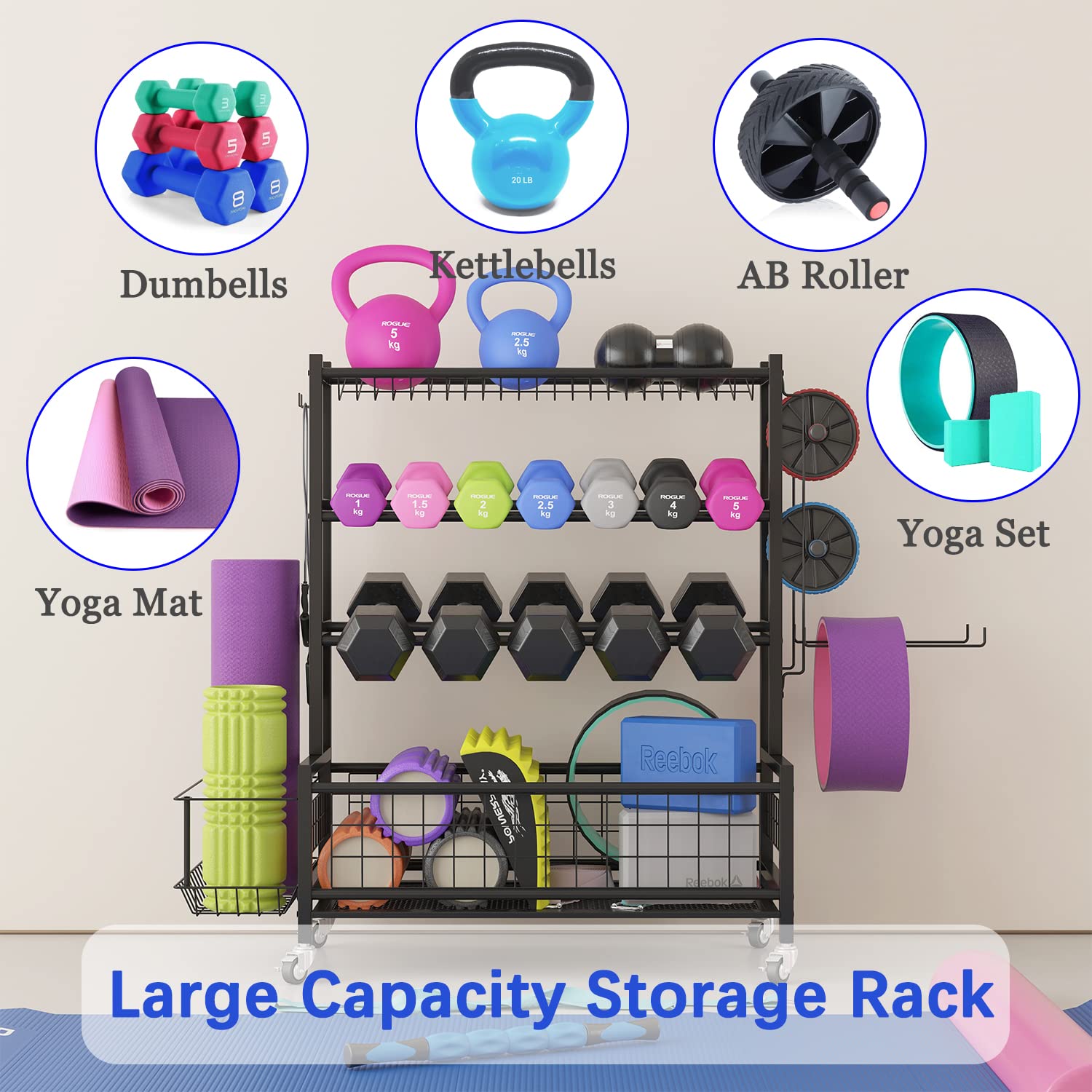 Dumbbell Rack Stand, Weight Storage Organizer, Home Gym Storage Rack for Dumbbells Foam Roller Kettlebells Yoga Mat Resistance Bands, Workout Equipment Storage with Wheels and Hooks