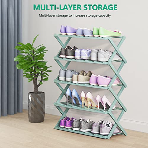SAISN 5 Tier Wooden Shoe Rack Bamboo Shoes Storage Shelf Stackable Shoe Organizer Racks Multifunctional Free Standing Shoe Shelf Free Installation Foldable Shoe Stand for Entryway Hallway (Green)