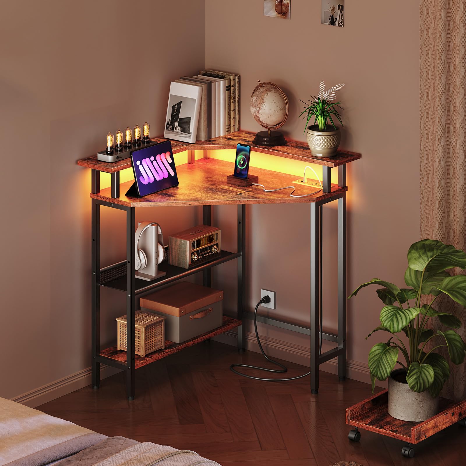 HOOBRO Corner Desk, Gaming Table with Charging Station and LED Strip, 90° Corner Computer Table, Mobile PC Holder, Adjustable Mesh Shelf, for Small Space/Home Office, Rustic Brown and Black BB70UDDN01