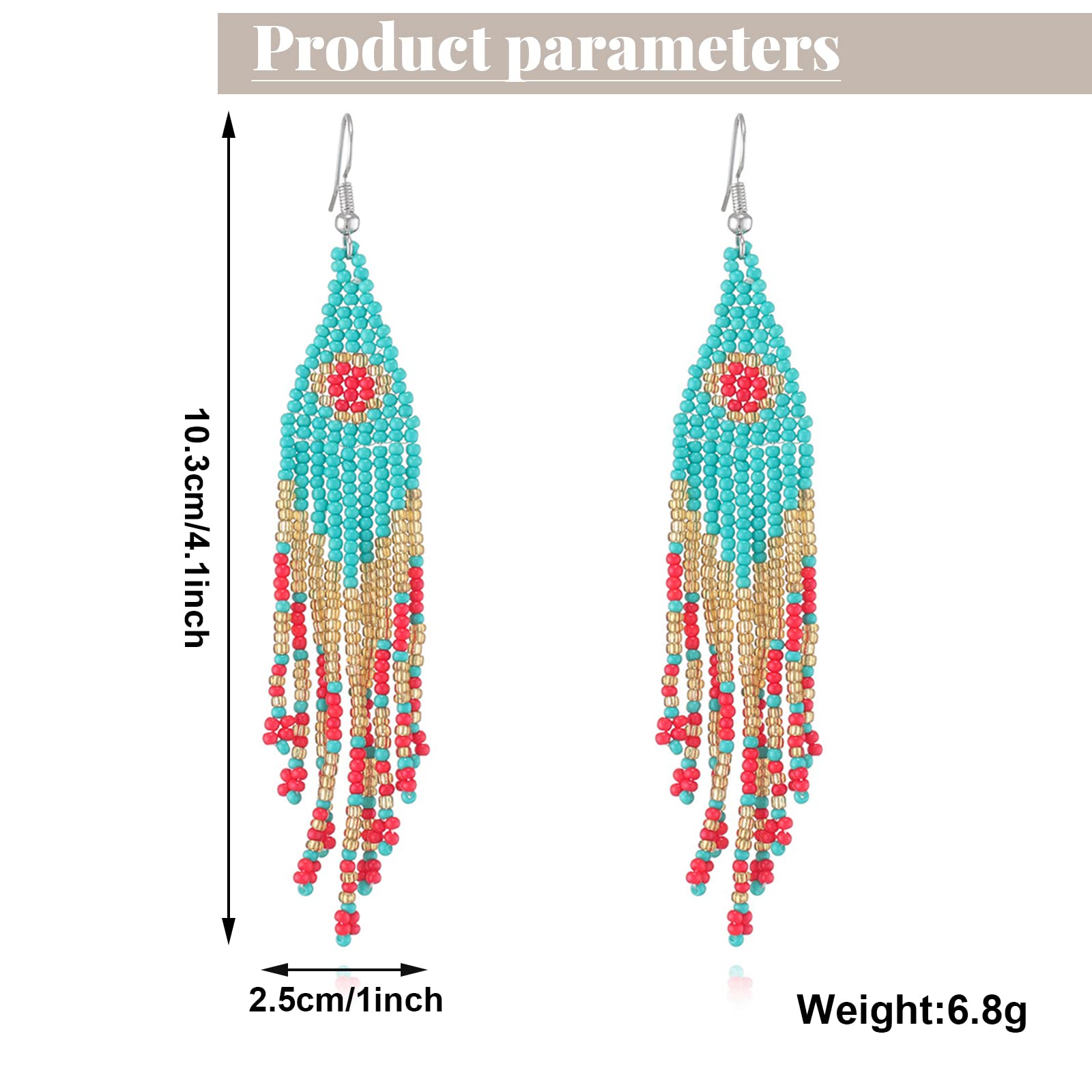 DoreenBow Long Beaded Tassel Light Blue Earrings Boho Hoop Beaded Dangle Earrings Handmade Seed Bead Earrings Fringe Drop Earrings for Women and Girls