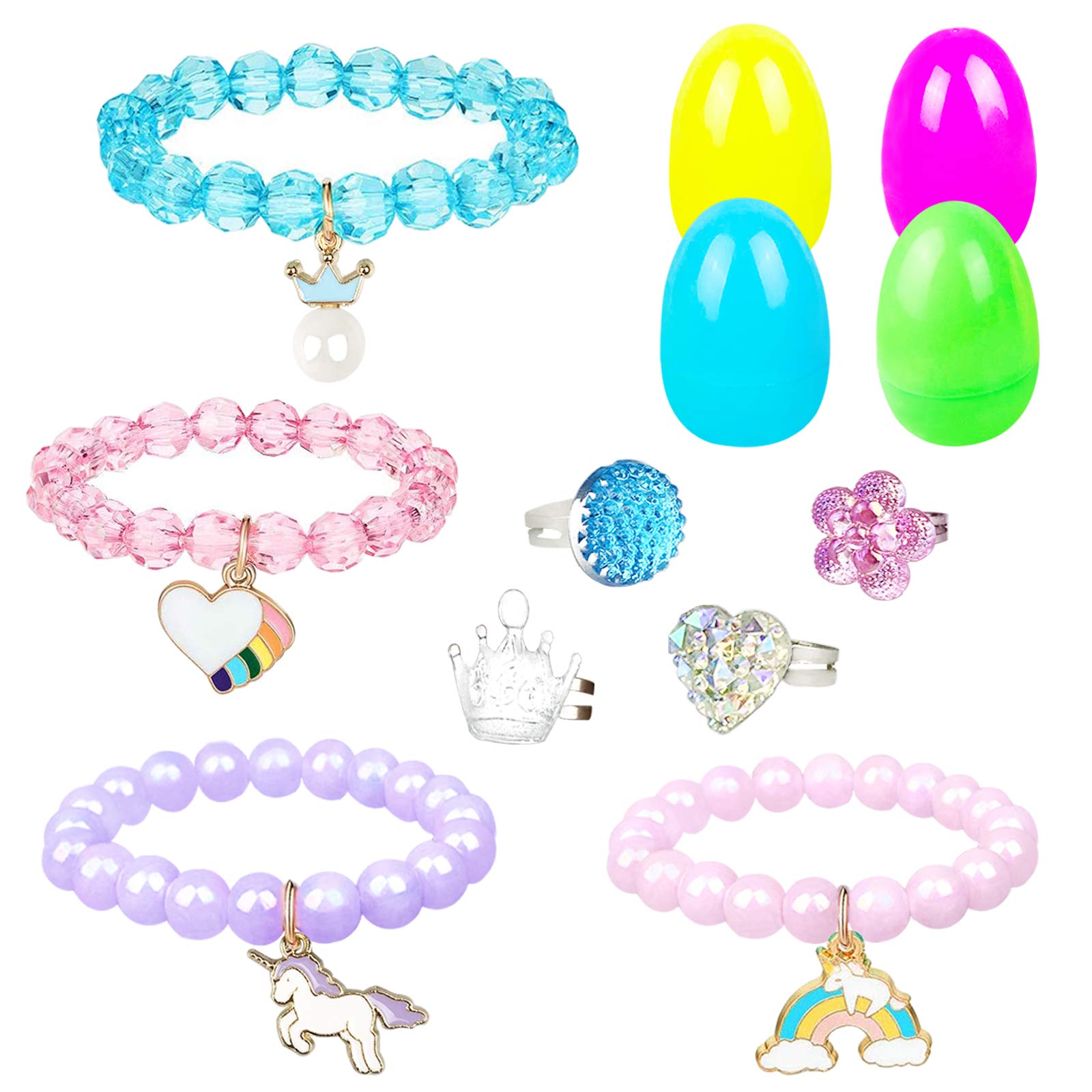 VLUSSO Easter Eggs Easter Basket Stuffers Fillers Filled 4 Pack Eggs with Colorful Bracelet Girls Inside, Colorful Pre Plastic Easter Eggs For Kids Easter Gifts