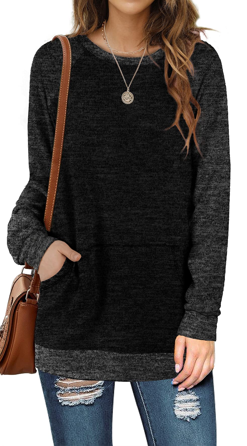 Crewneck Sweatshirt Women, Oversized Long Sleeve Tunic Tops with Pockets Black S