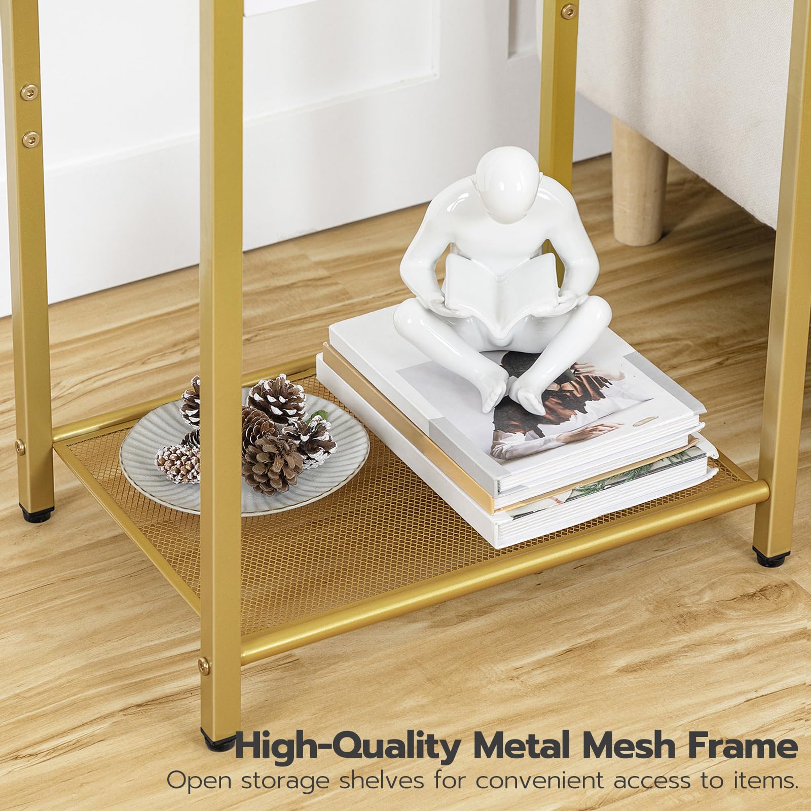 HOOBRO End Table with Charging Station, 3-Tier Side Table, Nightstand with USB Ports & Outlet, Sofa Table with Storage Shelves, Tempered Glass, Modern Style, for Living Room, Bedroom, Gold GD57UBZ01