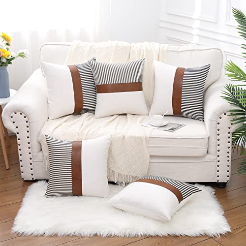 Mecatny Boho Throw Pillows 18x18 Set of 2 - Farmhouse Decorative Throw Pillows with Inserts Included - Brown Faux Leather Modern Stripe Patchwork Linen Accent Throw Pillows for Couch Bed Sofa, Grey