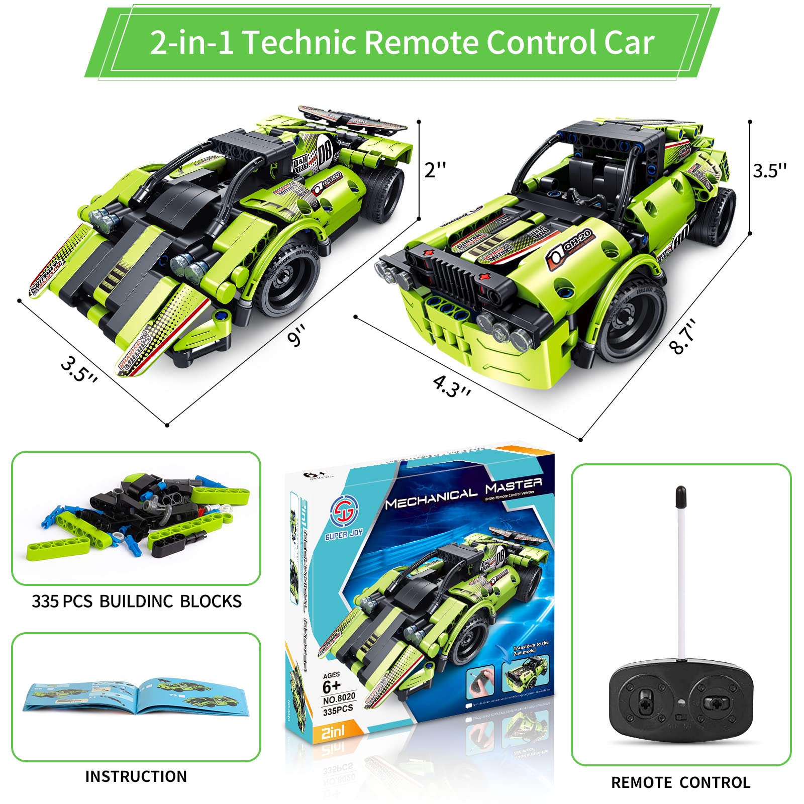 STEM Building Toys for Kids, 335 Piece Building Kit 2 in 1 Remote Control Racing Car Snap Together Engineering Kits Early Learning Racecar Building Blocks Best Gift for 6+Year Old Boys and Girls
