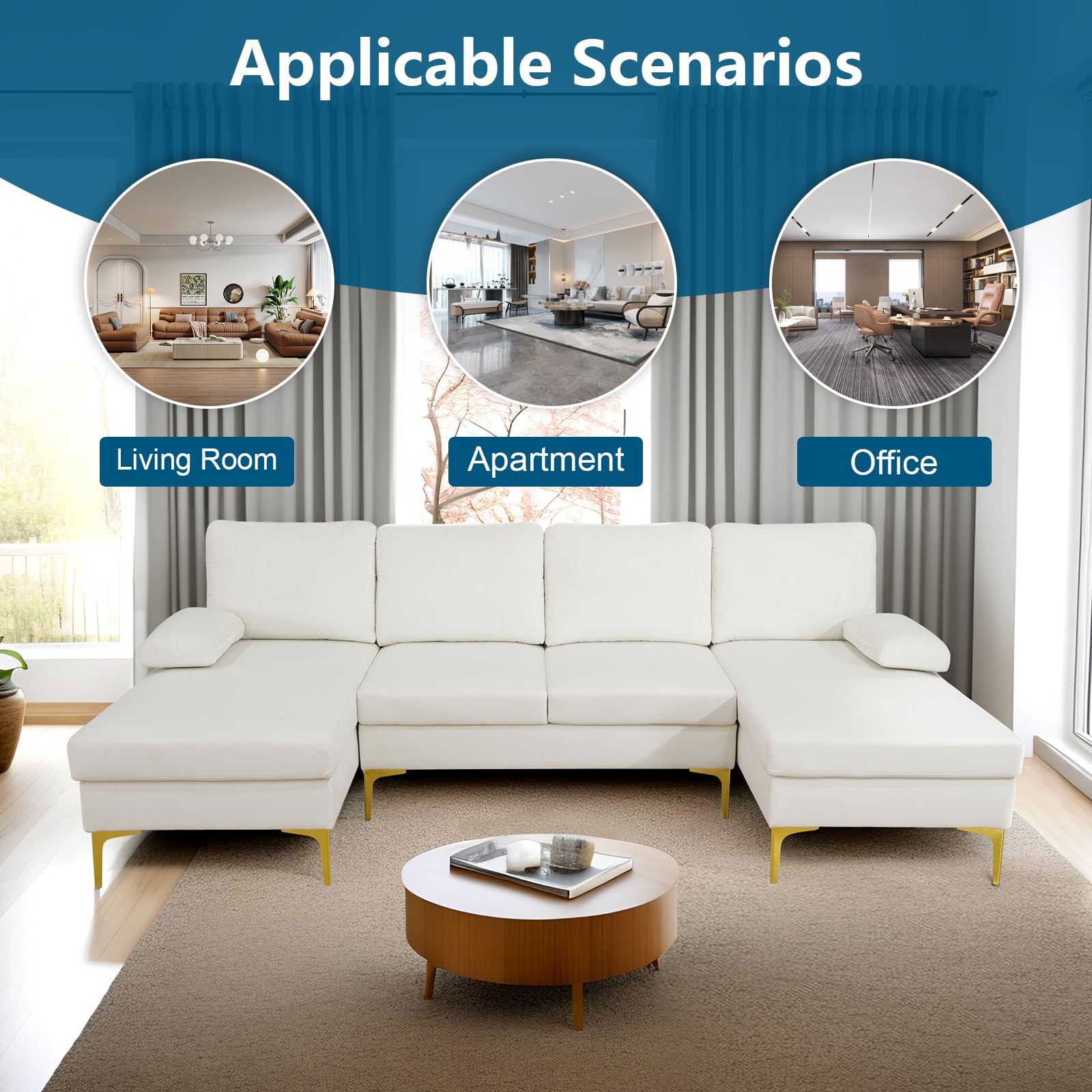 HZANHY Convertible Sectional Sofa Couch, 4 Seat Sofa Set for Living Room U-Shaped Modern Fabric Modular Sofa Sleeper with Double Chaise, Short Plush Fabric Sofa Couch (White)