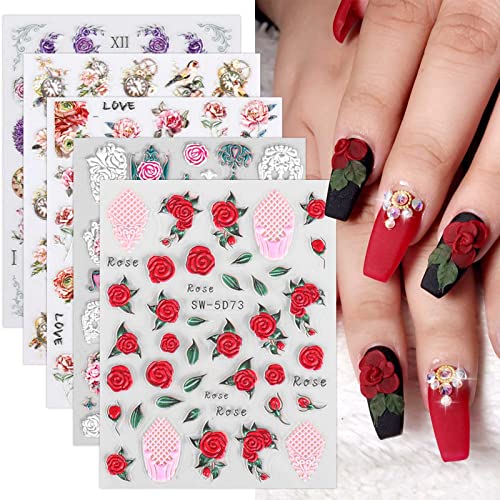 JMEOWIO 3D Spring Embossed Flower Nail Art Stickers Decals Self-Adhesive Pegatinas Uñas 5D Floral Nail Supplies Nail Art Design Decoration Accessories 5 Sheets