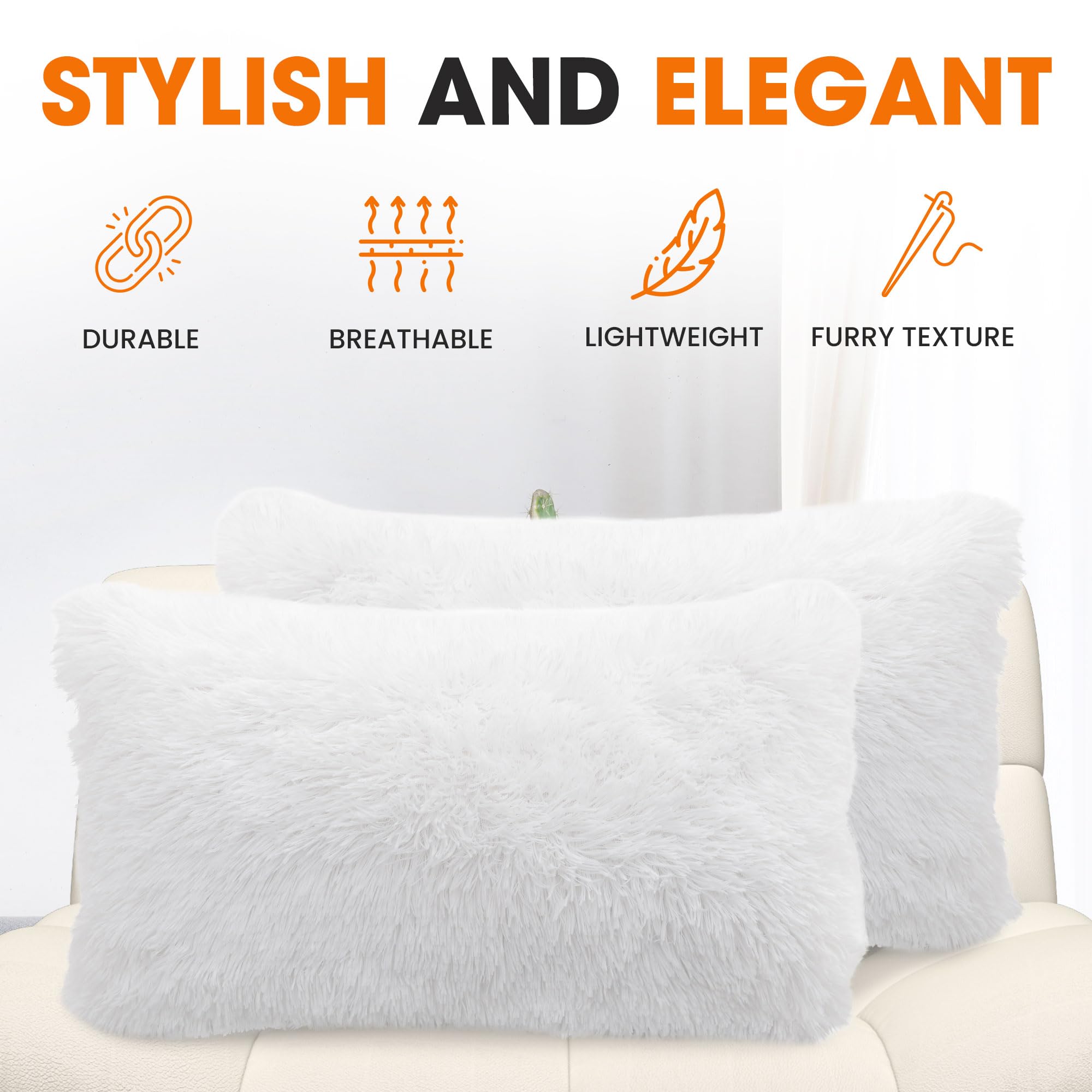 Cheer Collection Throw Pillows for Couch with Inserts Included - Soft Shaggy Long Hair Faux Fur Pillows - Set of 2-12" x 20" - White