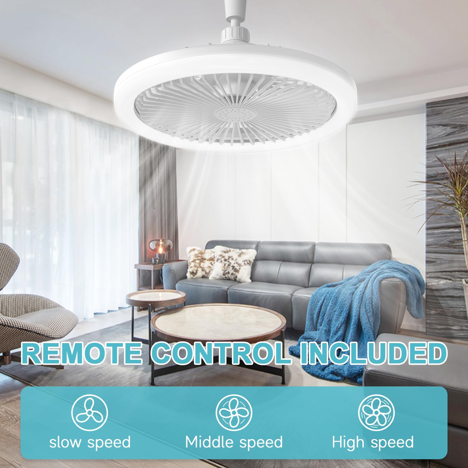 Ceiling Fan with Lights and Remote - Small Ceiling Fan Light 10 inch Bladeless Screw in Socket Fan Dimmable 3 Colors LED Lights E27 Base Mini Fandelier Ceiling Fan for Bedroom Kitchen Indoor White
