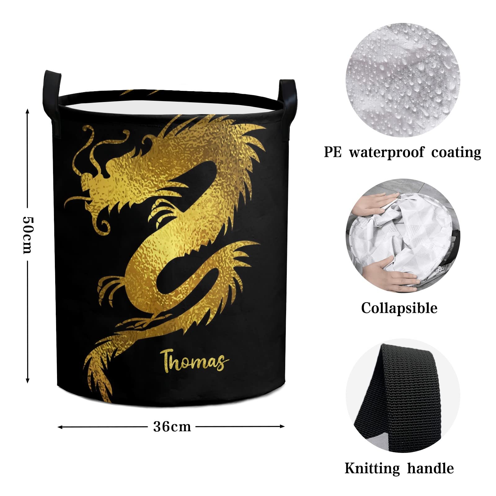 Golden Dragon Personalized Laundry Hamper,Custom Name Collapsible Waterproof Laundry Basket Storage Bins with Handle for Clothes,Toy,Nursery