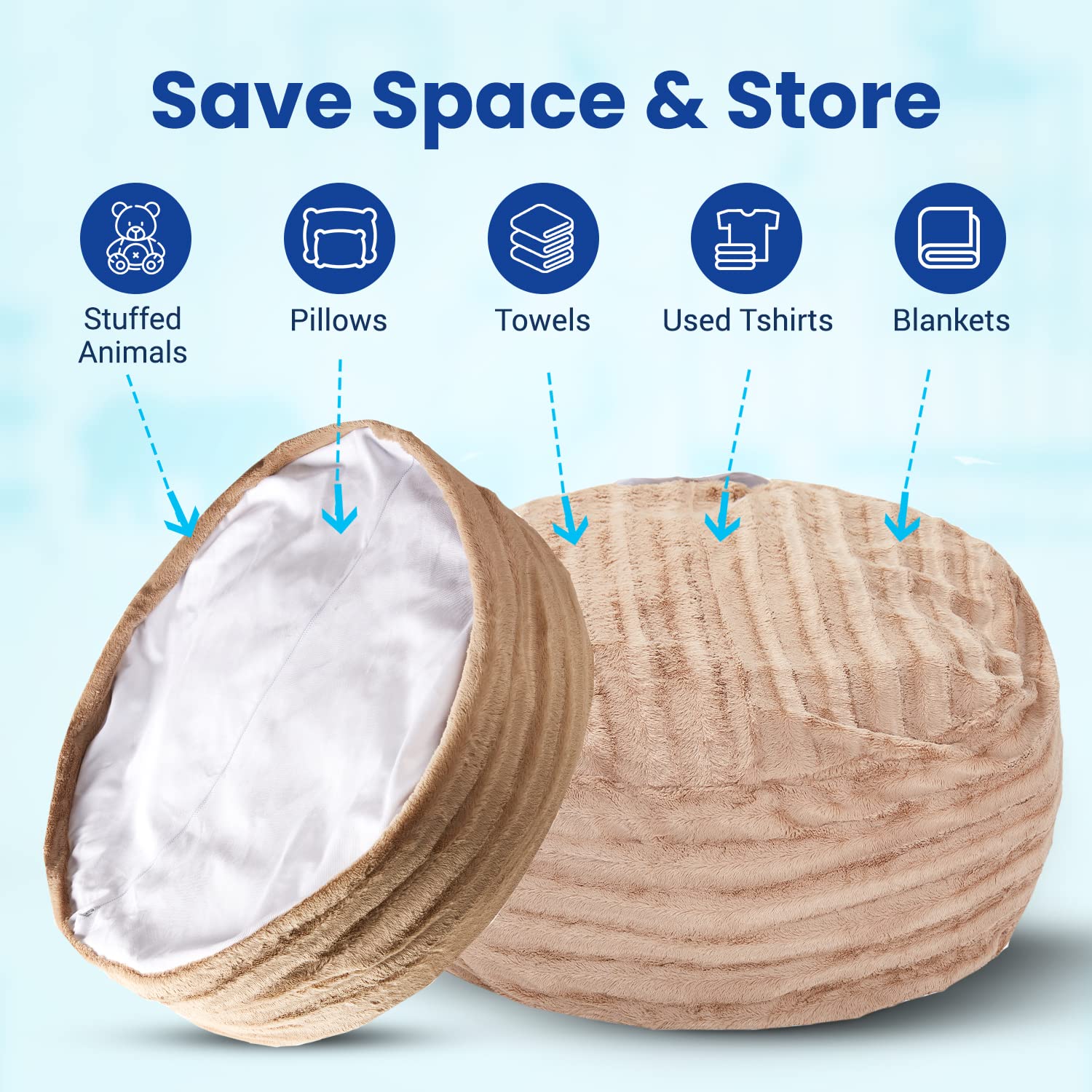 Cheer Collection Stuffed Animal Storage Bean Bag, Kids Toy Storage Organizer and Bean Bag Chair with Handle, Oversized Faux Fur Zippered Bag for Organizing Stuffed Animals, Machine Washable - Taupe