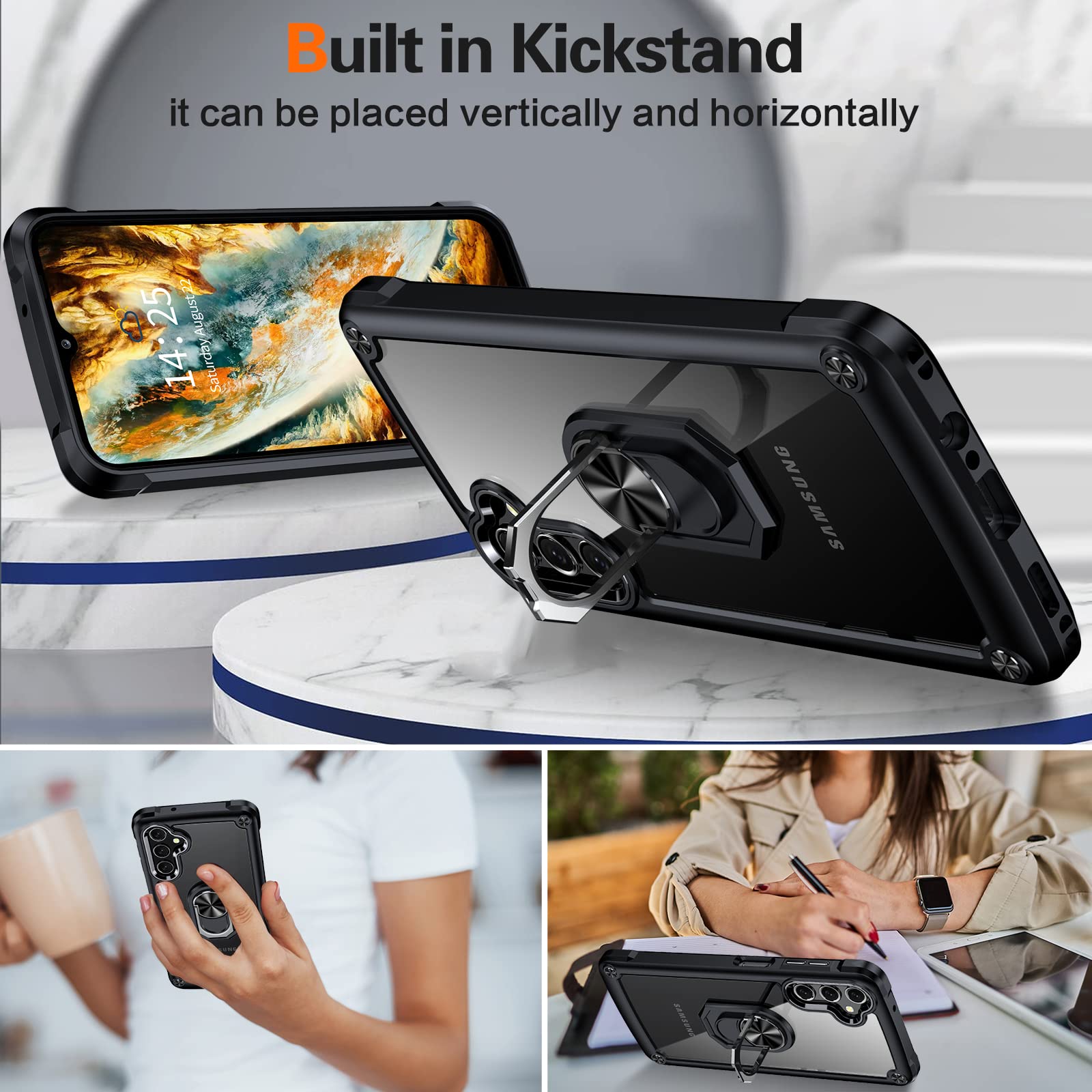 GOLDJU for Samsung Galaxy A14 5G Case, Galaxy A14 Case with [1P Screen Protector]& [1P Camera Lens Protector]& [Metal Kickstand]& [10FT Military Grade Drop Protection] Clear Back 2023(Black)