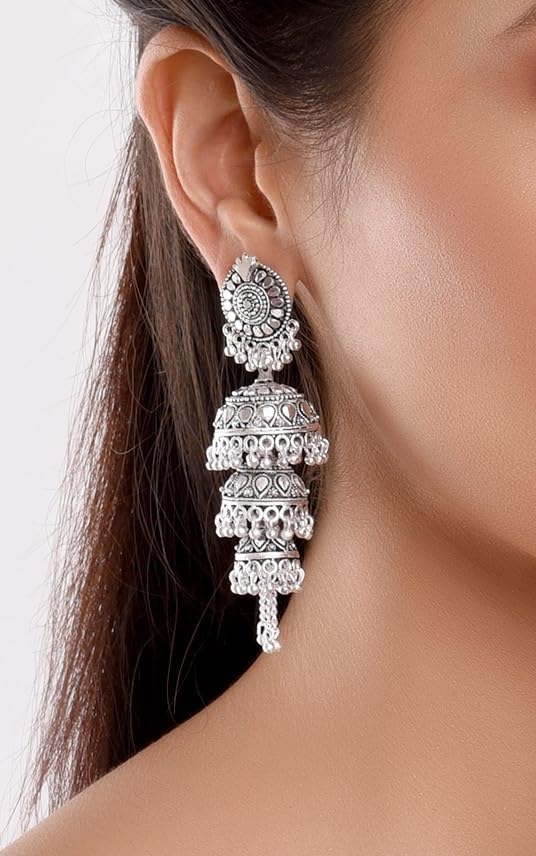 Efulgenz Indian Oxidized Jewelry Boho Vintage Layer Jhumka Jhumki Tassel Dangle Statement Earrings for Women