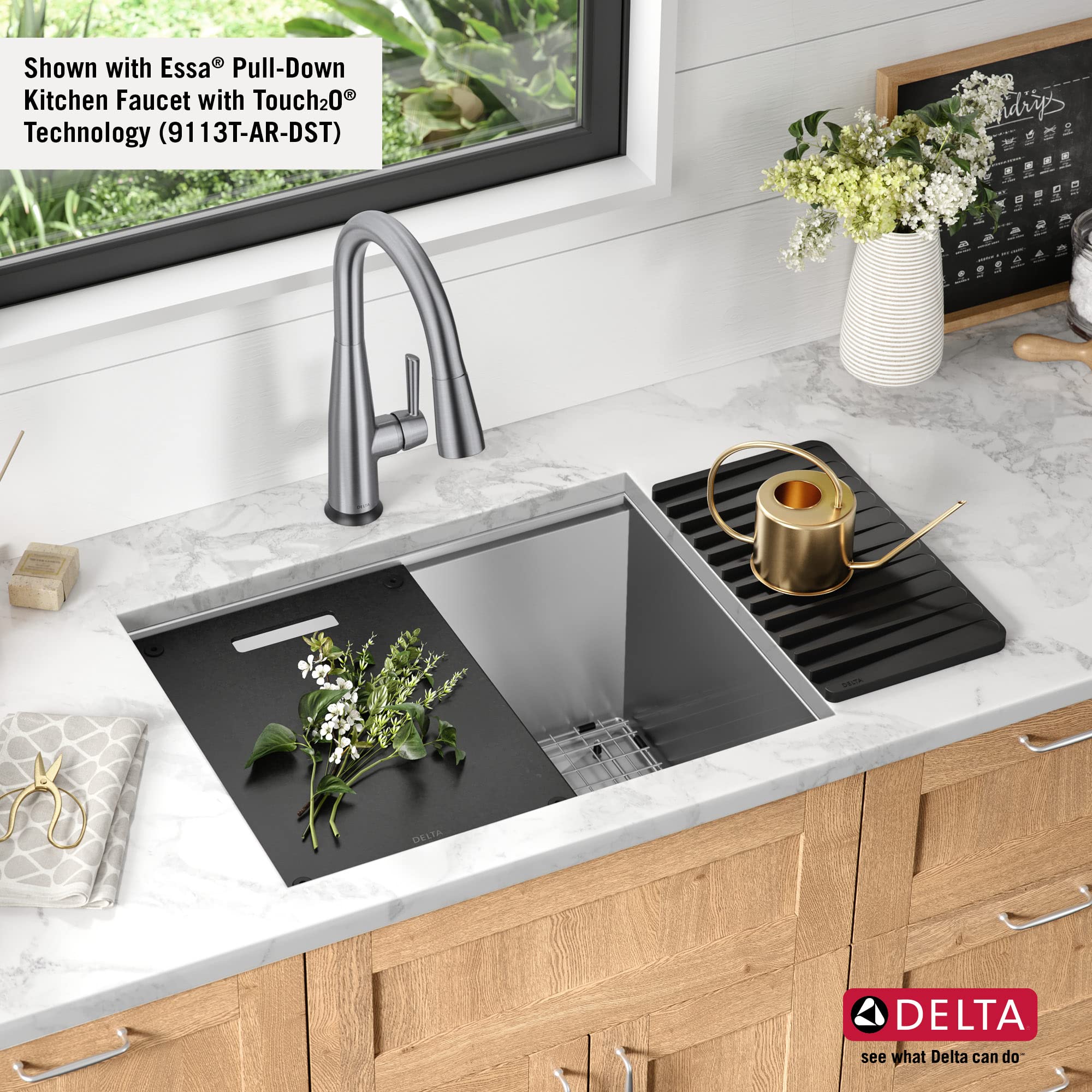DELTA FAUCET Rivet 24-inch Workstation Laundry Utility Kitchen Sink Undermount 16 Gauge Stainless Steel Single Bowl with WorkFlow Ledge and a Kit of 5 Accessories, 95B9031-24SL-SS