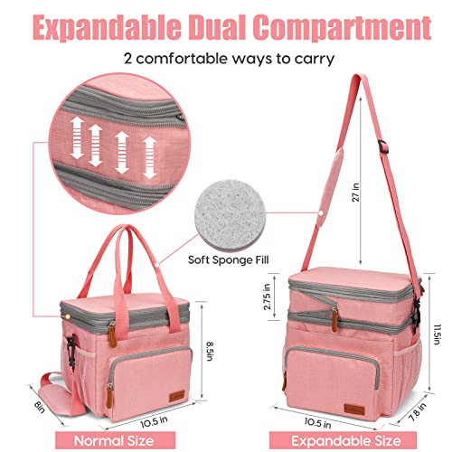 Insulated Lunch Bag for Women Men, Expandable Dual Compartment Lunch Bag with Utensil Pouch, Adult Large Lunch Box for Work, Leakproof Lunch Cooler Bag with Shoulder Strap for Picnic Beach