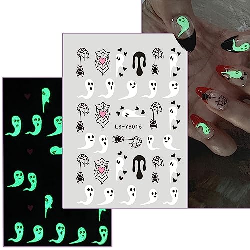 JMEOWIO 9 Sheets Halloween Glow in The Dark Nail Art Stickers Decals Self-Adhesive Pegatinas Uñas Lumious Skull Ghost Spider Web Bat Pumpkin Nail Supplies Nail Art Design Decoration Accessories