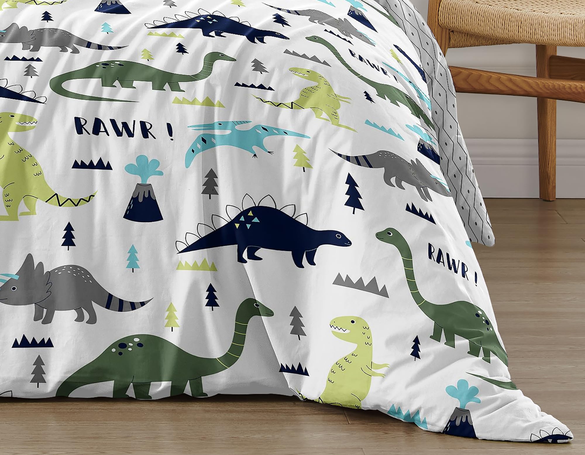 Navy Blue and Green Modern Dinosaur Boys or Girls 4 Piece Kids Teen Twin Bedding Set Collection