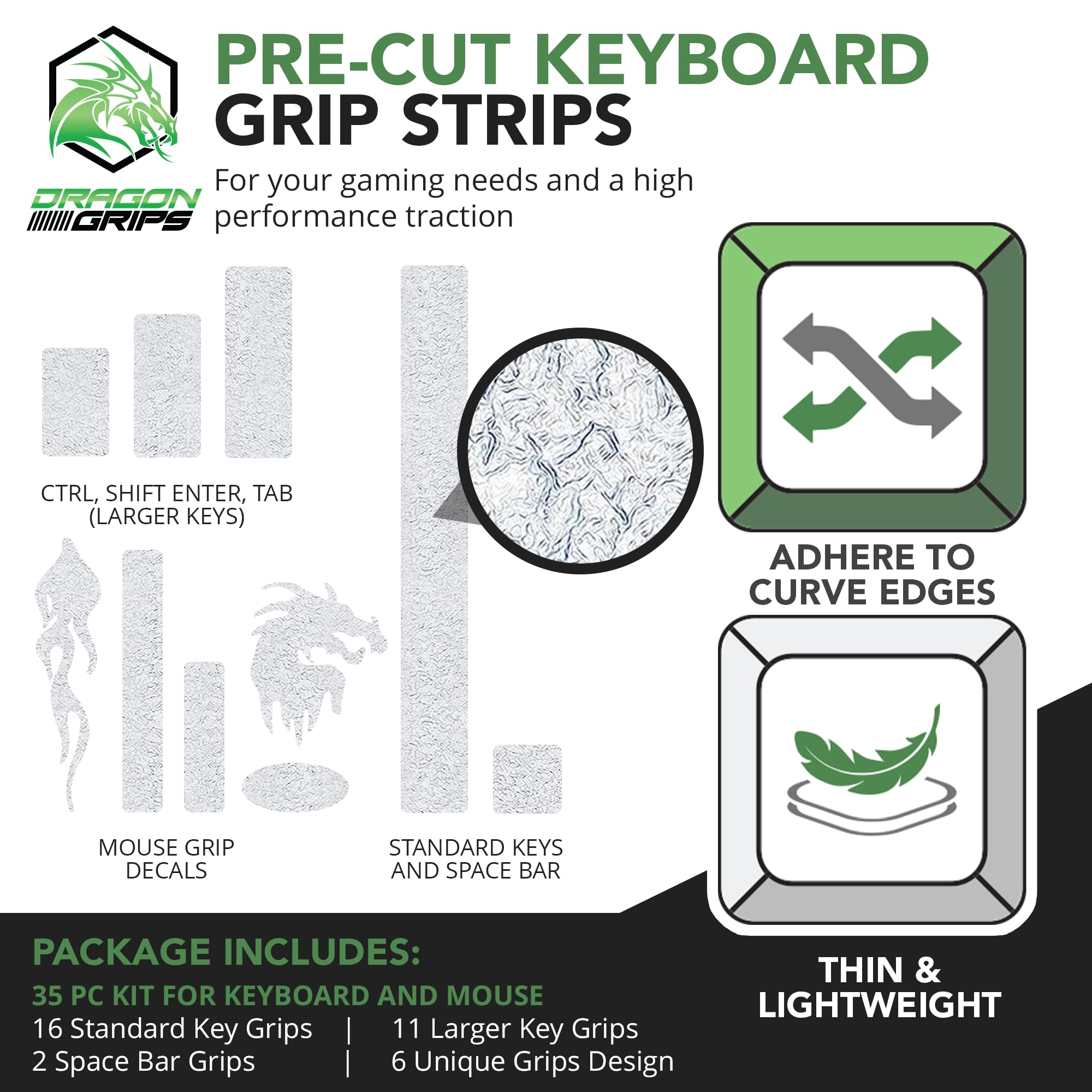 Dragon Grips Gaming Keyboard Grips, 35 Pcs Clear Keyboard Grip Stickers, Fits for All Mechanical Keyboards, Backlit Keycaps, and Self-Adhesive Rubberized Gaming Mouse Grip Tape for Razer & Logitech