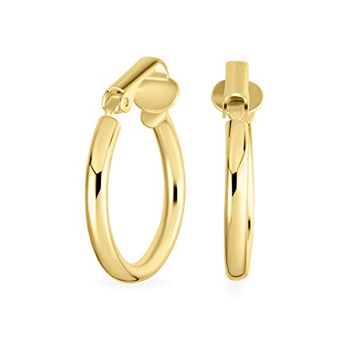 Classic Basic Simple Polished Tube Lightweight Clip On Hoop Earrings For Women Non Pierced Ears 14K Yellow Gold Plated .925 Sterling Silver .75 Diameter