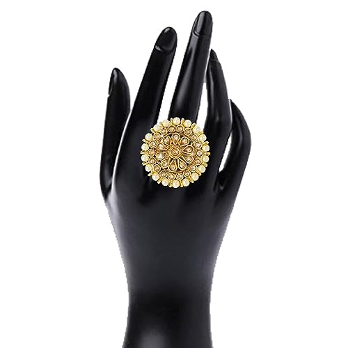 Efulgenz Indian Bollywood Traditional Antique Round Pearl Crystal Kundan Adjustable Big Ring Finger Jewelry (Style 2)