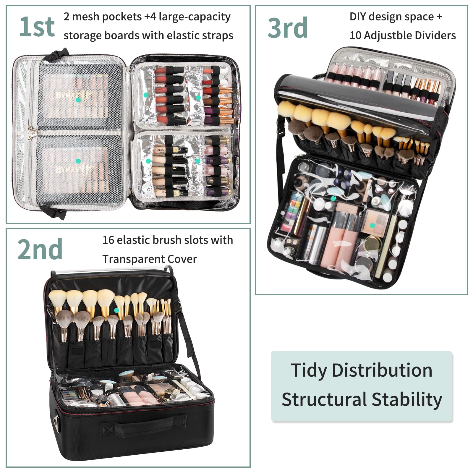 Extra Large Makeup Case, Makeup Bag Organizer Travel Cosmetic Case Portable Artist Storage Bag with Washable Plastic Divider and Heat Insulation Layer For Lipstick Makeup Toiletry Accessories Black