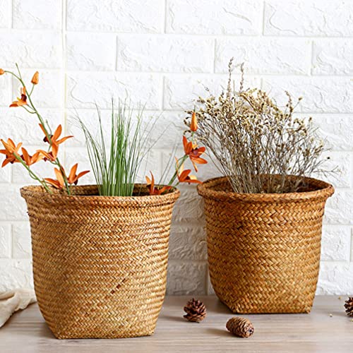 Ipetboom Office Decor Woven Rattan Trash Can Hand Woven Basket Planter Flower Pots Storage Container Farmhouse Round Trash Can Rattan Garbage Bin Wicker Laundry Basket Rustic Decor Desktop