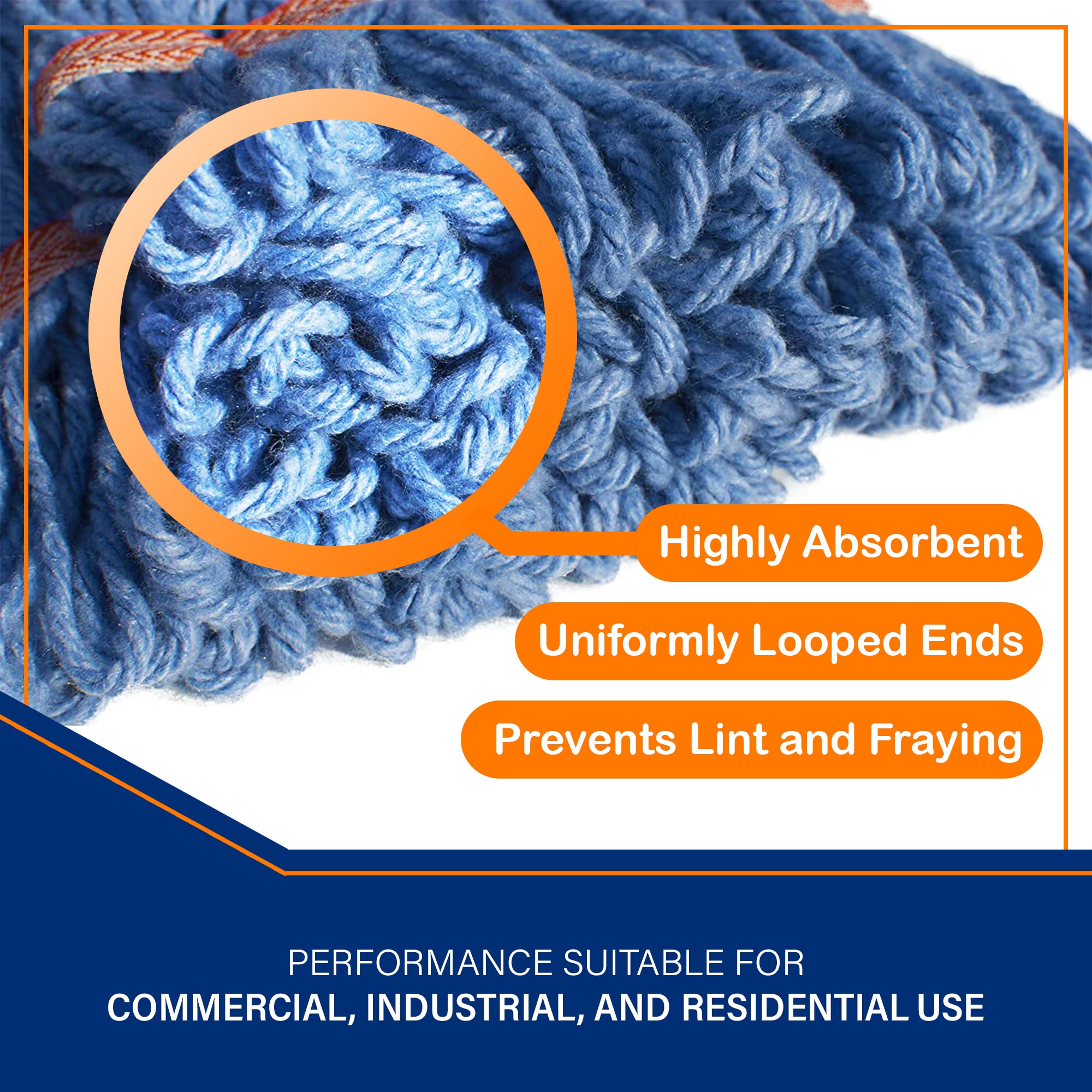 Nine Forty Industrial and Commercial-Grade Looped End Wet Mop - String Mop with 42β-72β Adjustable Aluminum Handle Length - Flip Grip Clamp - for Optimal Absorption and Durability - Blue