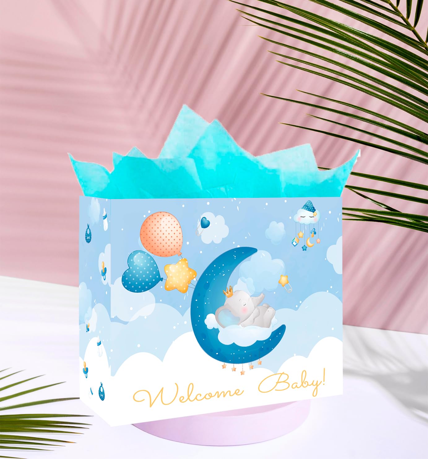 GFInYHM 13" Baby Boy Gift Bag for Baby Shower or Birthday with Handle, Tissue Paper and Greeting Card (Elephant)