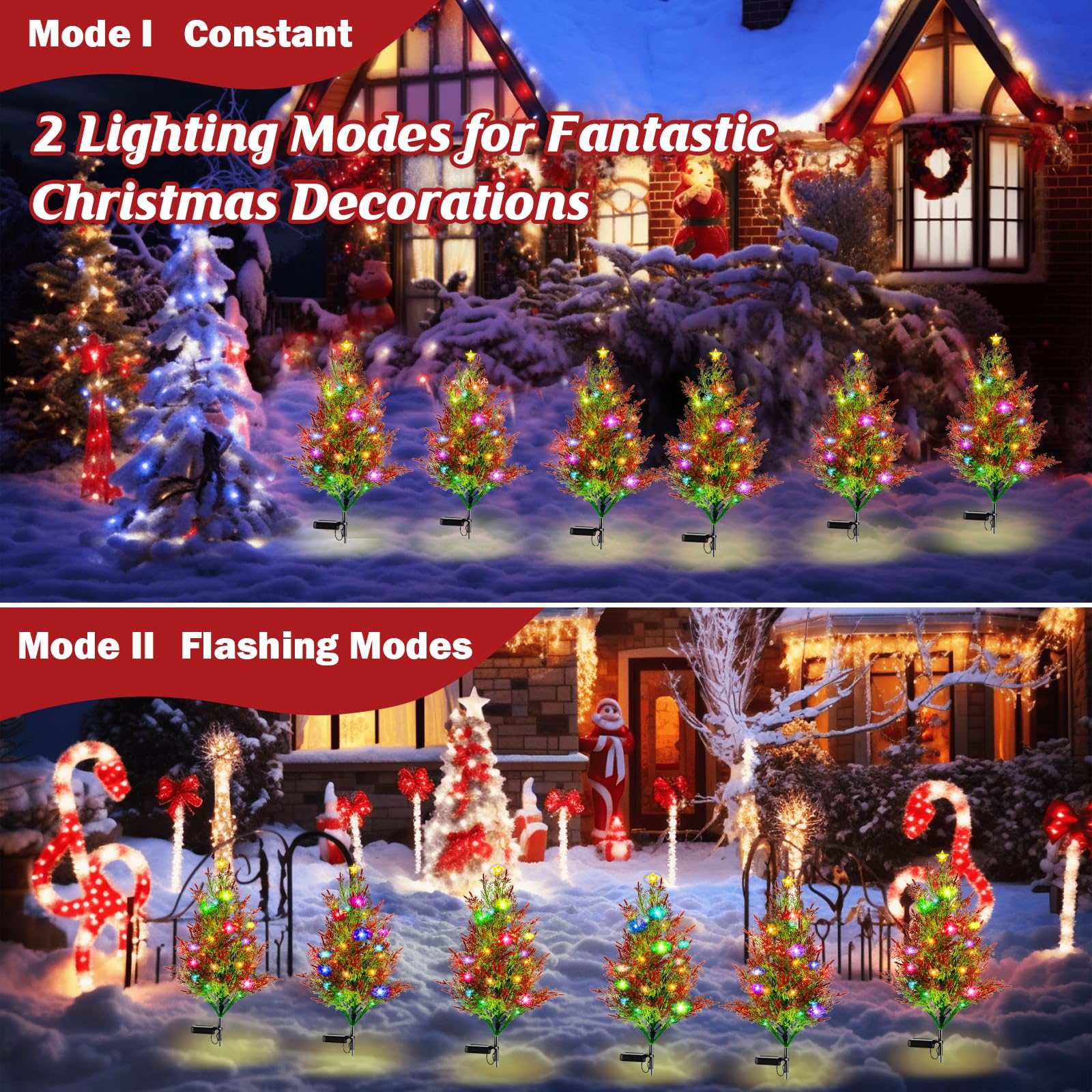 Christmas Decorations Outdoor Solar Lights: 4 Pack Upgraded 10 LED Solar Christmas Tree Lights, 2 Lighting Modes Outside Waterproof Solar Christmas Stake Lights for Yard Garden Pathway Lawn Xmas Decor