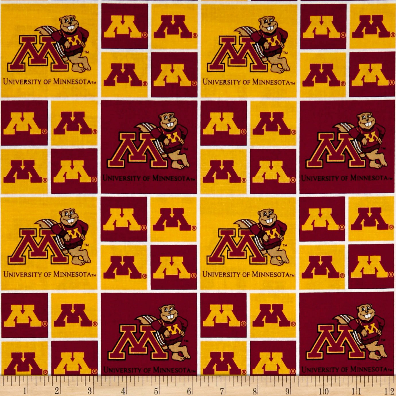 NCAA Minnesota Golden Gophers Patches Allover Red/Yellow, Quilting Fabric by the Yard
