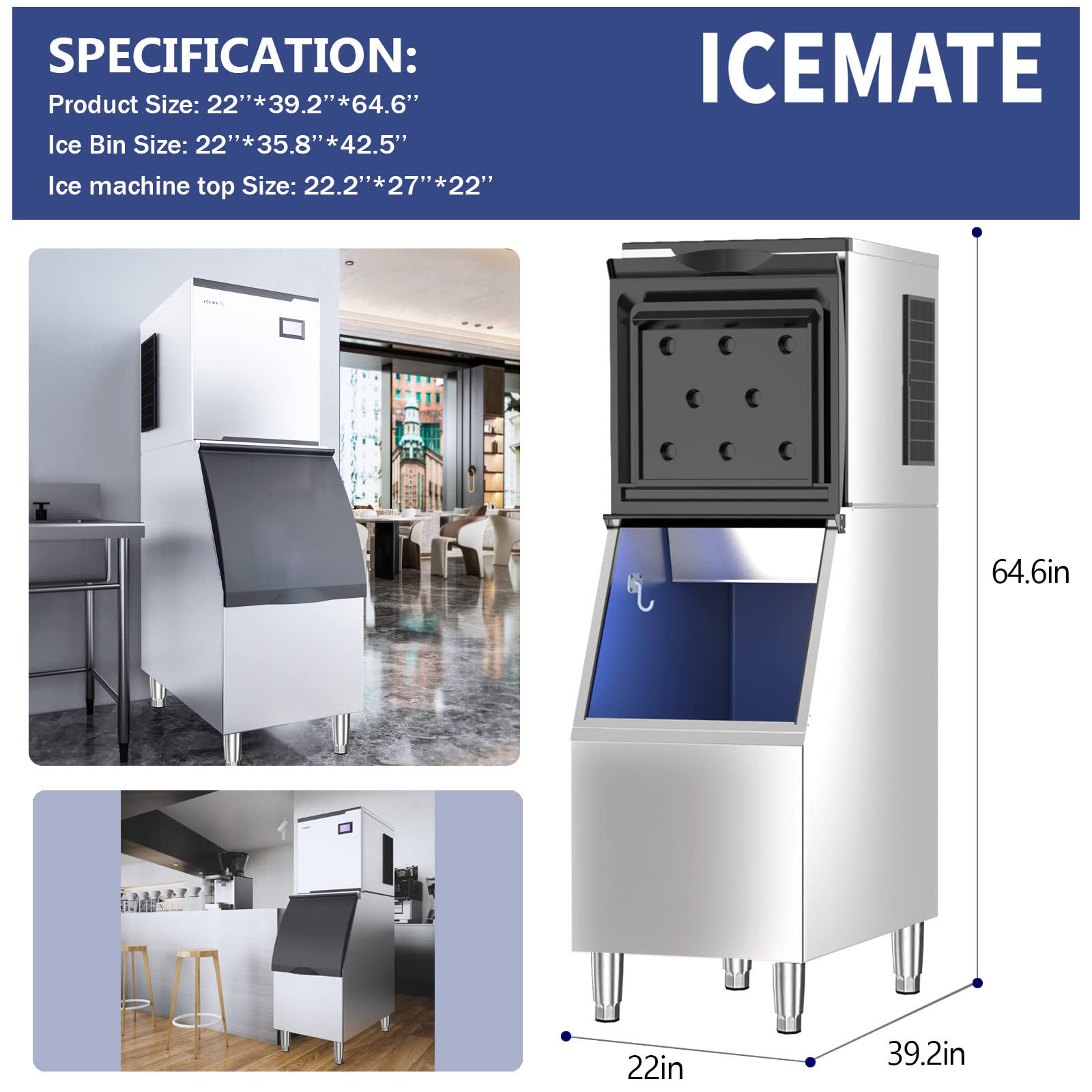 ICEMATE Commercial ice Maker Machine 400 LBS/24H Commercial Ice Machine with Storage 350 LBS Ice Maker Commercial with Drain Pump,Suitable for Restaurants, Bars, Coffee Shops, Large Families,etc