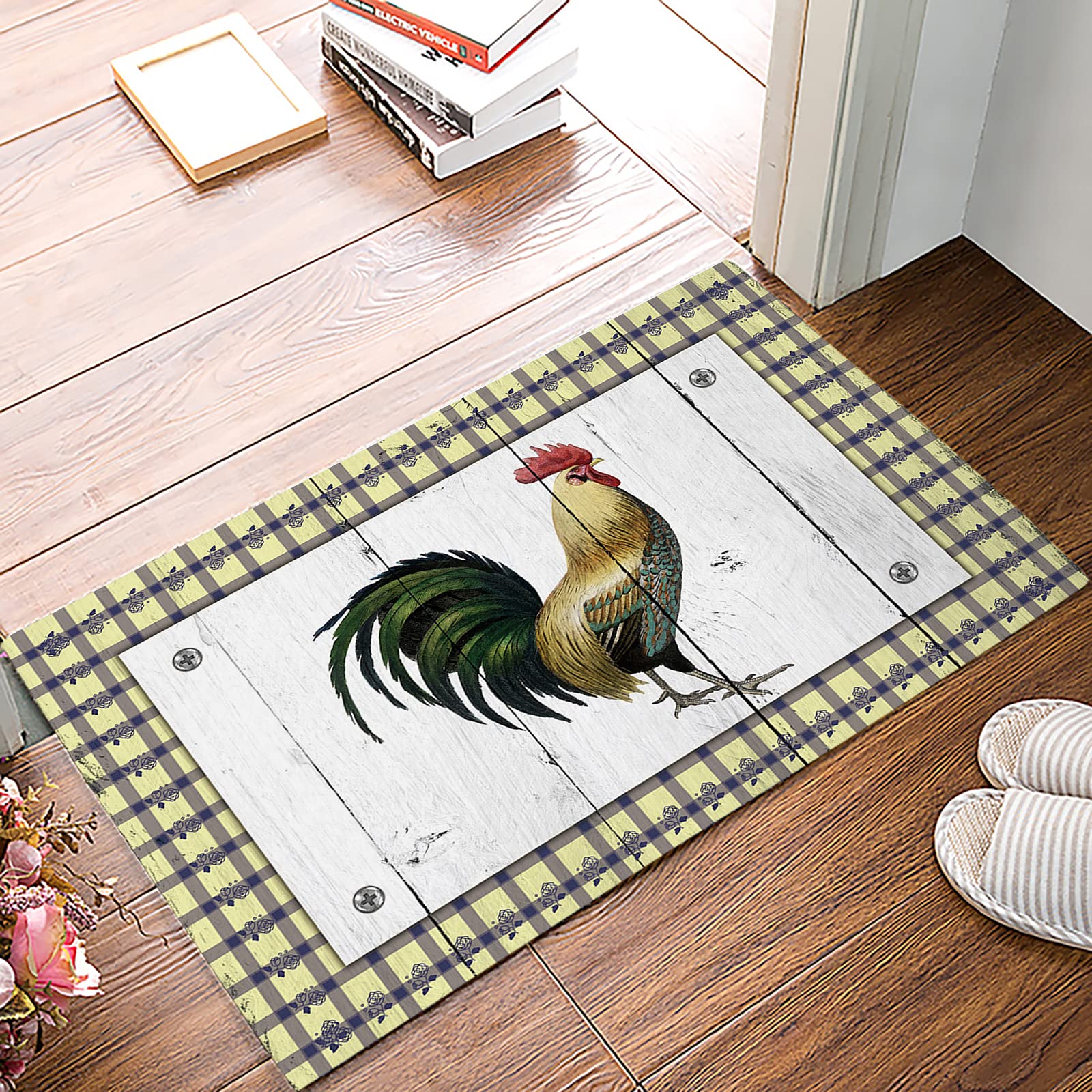 Door Mat for Bedroom Decor, Farm Rooster on Green Buffalo Check Plaid Floor Mats, Holiday Rugs for Living Room, Absorbent Non-Slip Bathroom Rugs Home Decor Kitchen Mat Area Rug 18x30 Inch