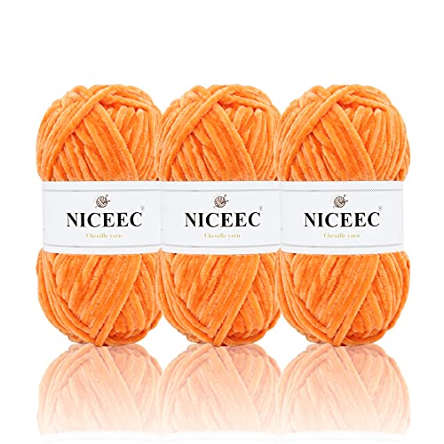 NICEEC 3 Skeins Soft Chenille Yarn Blanket Yarn for Knitting Fancy Yarn for Crochet Weaving DIY Craft Total Length 3×85m (3×93yds, 3×50g)_Orange