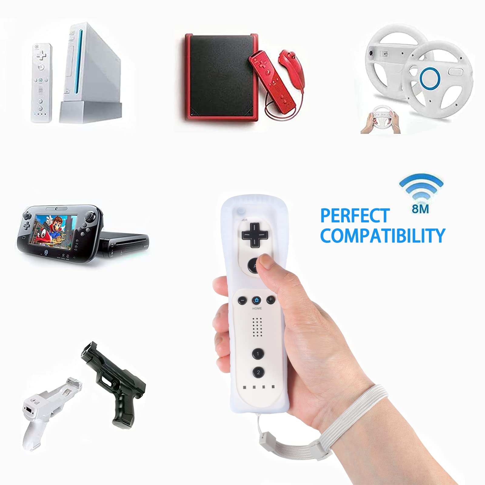 Doueuain 4 Pack Remote Controller for Wii Wii U, Gamepad with Silicone Case and Wrist Strap (New Black+White+Pink+Blue)