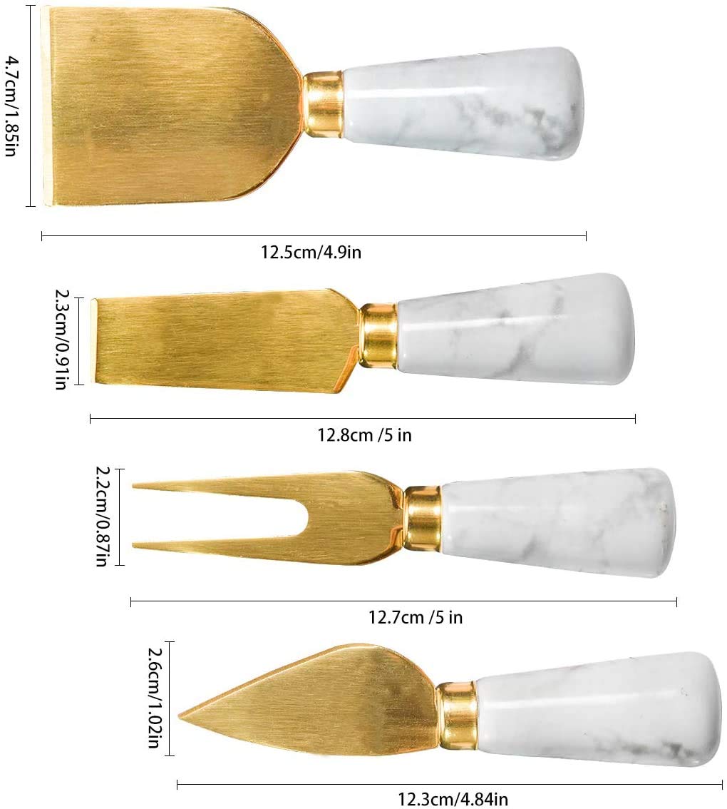 Funland 4PCs Cheese Spreader Knife Set with Marble Handle, Cute Cheese Knives Cutter Slicer Marble Cheese Board, Cheese Spatula Cheese Board Accessories, Gift Parties, Holiday, Weddings - Gold