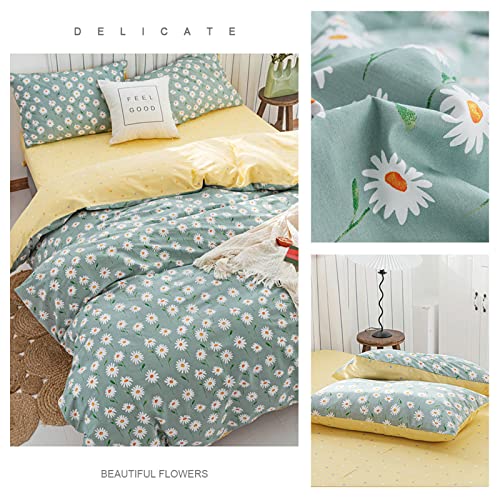 Sage Green Floral Duvet Cover Twin Soft Cotton Bedding Set Daisy Floral Printed on Green Bedding Duvet Cover, Modern Botanical Comforter Set with Zipper Closure
