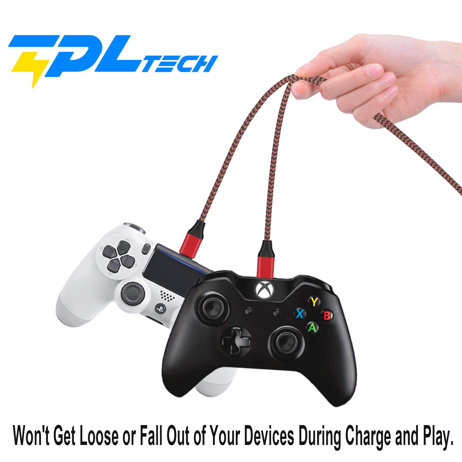 TPLTECH PS4 Controller Charging Cable, ［2PACK-15Ft］Micro USB 2.0 Nylon Braided Fast Charger & Cord, High Speed Data Sync Charge Cable for PlayStation 4, Xbox One S/X Controller, Android Phone, Silver